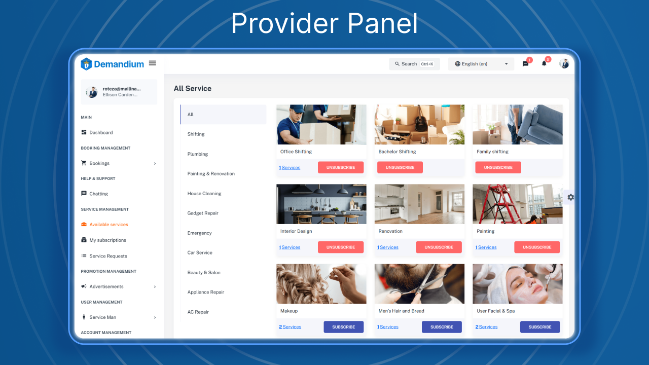 Demandium - Multi Provider On Demand, Handyman, Home service App with admin panel by sixamtech